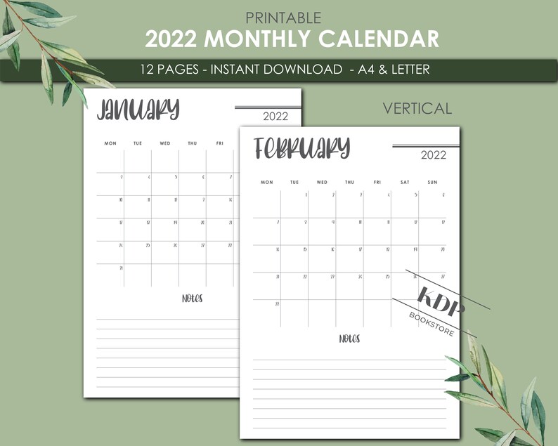 Calendario mensual imprimible 2022 tamaño A4 y carta - Etsy México Calendario mensual imprimible 2022 tamaño A4 y carta - Etsy México