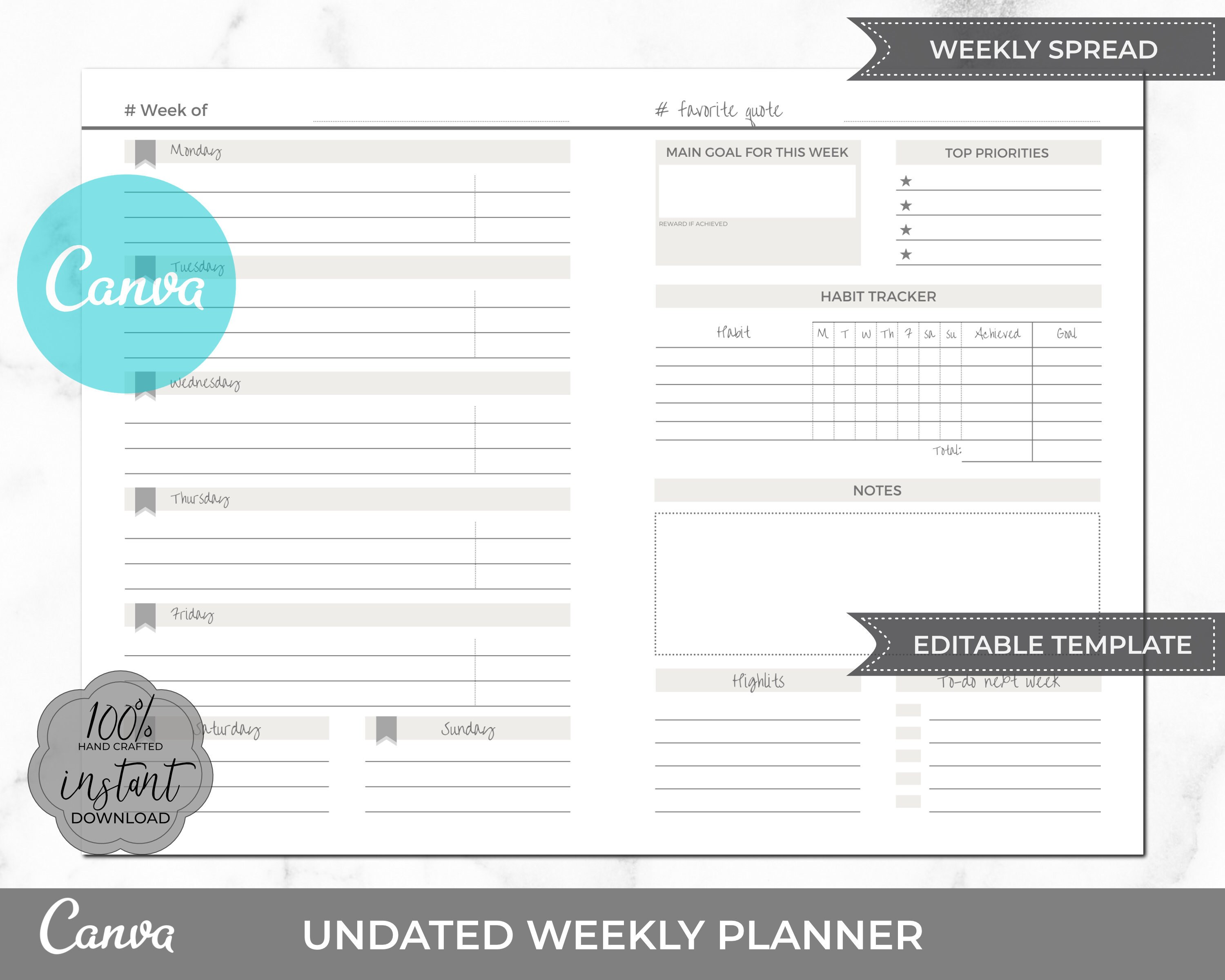 Canva Undated Planner Template, Editable Weekly & Monthly Planner, Kdp ...