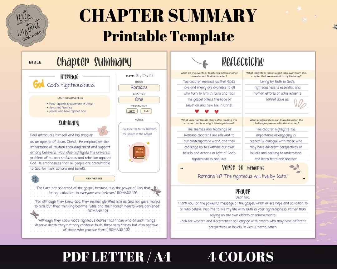 Bible Chapter Summary Printable Template, Bible Chapter Study Journal ...