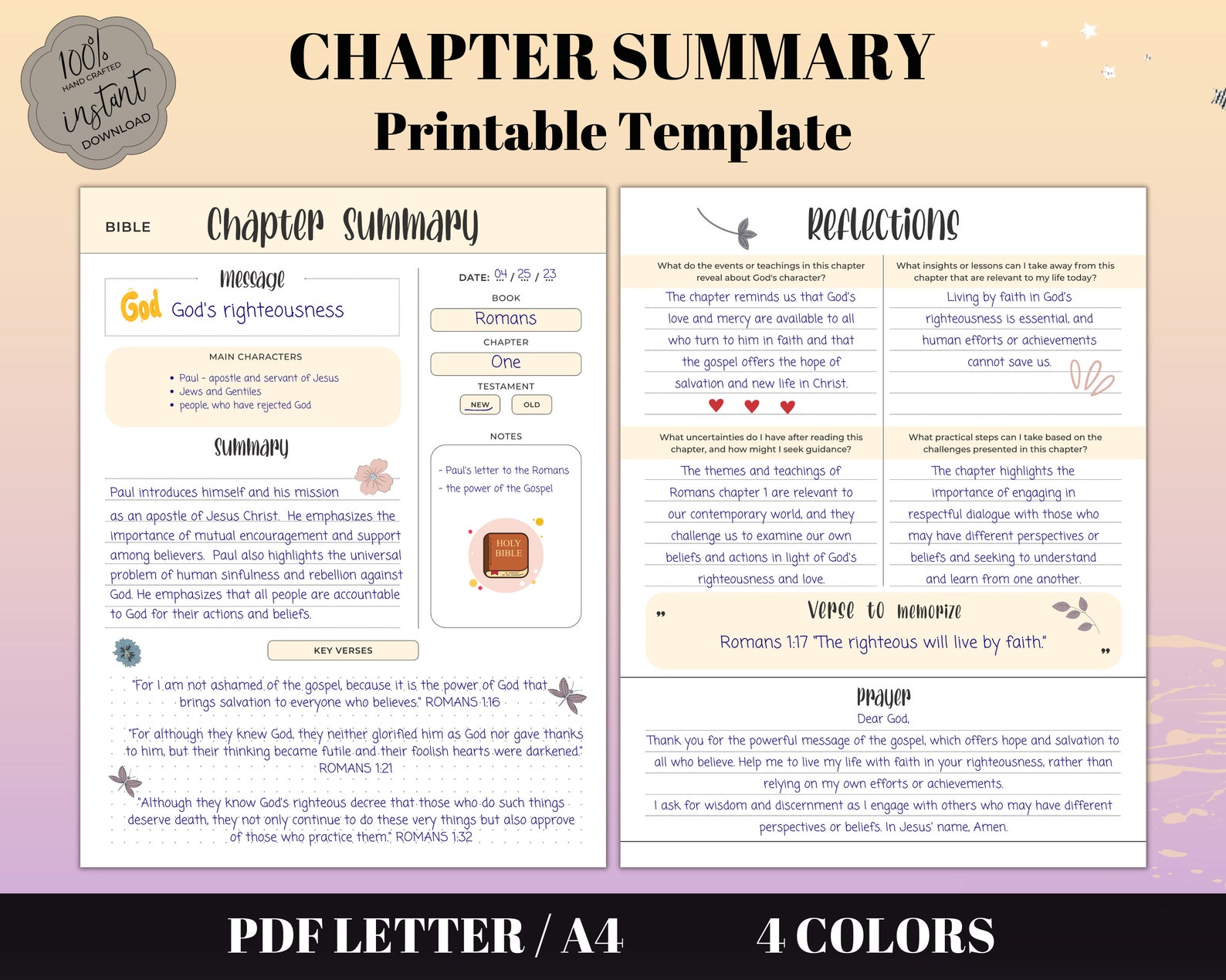 Bible Chapter Summary Printable Template, Bible Chapter Study Journal ...