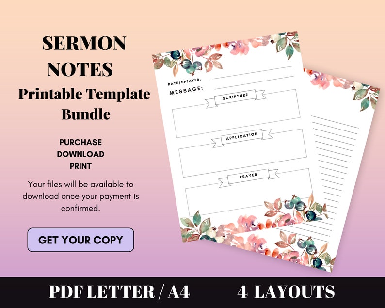 Sermon Notes Printable Template Bundle, Printable Bible Study, Digital ...