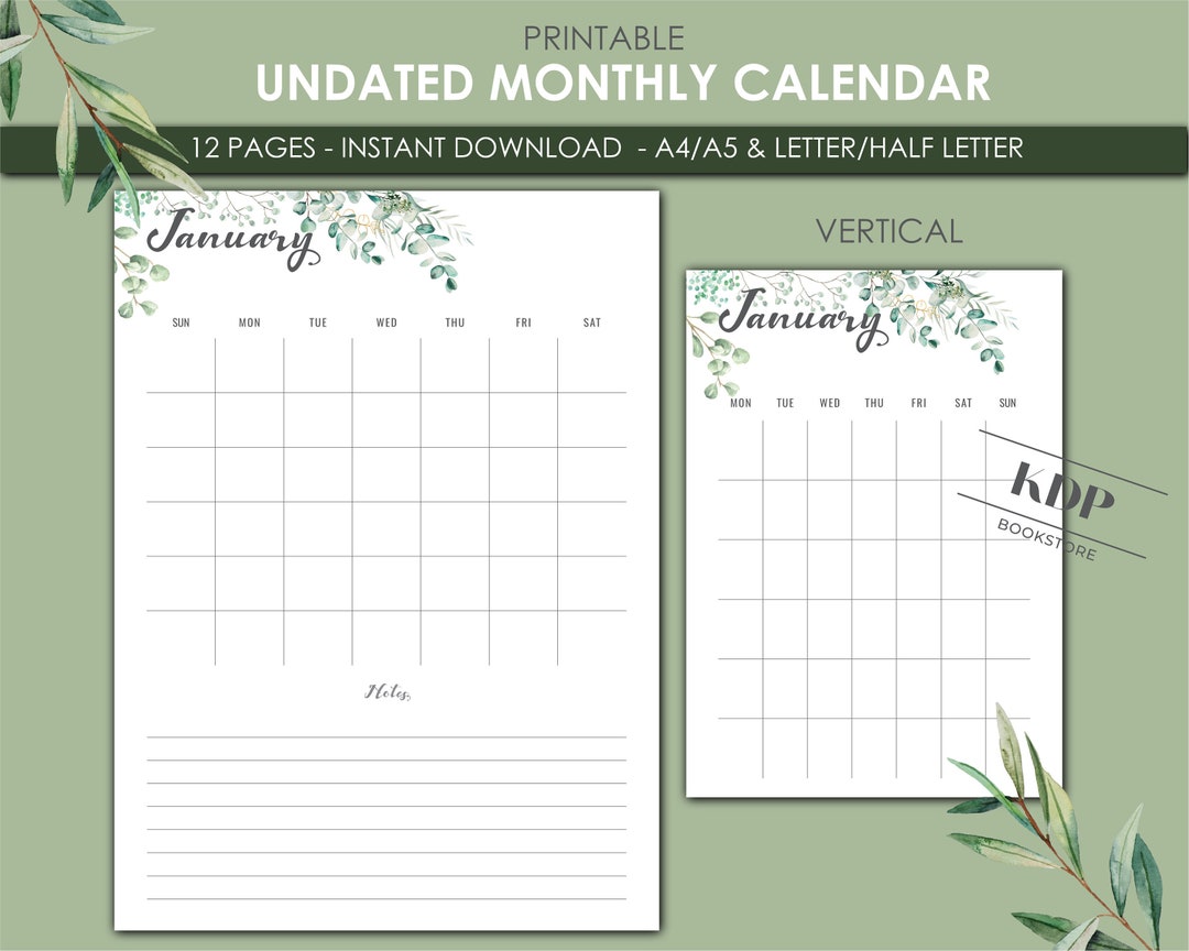 Undated Monthly Planner, Vertical Calendar, Watercolor Design ...