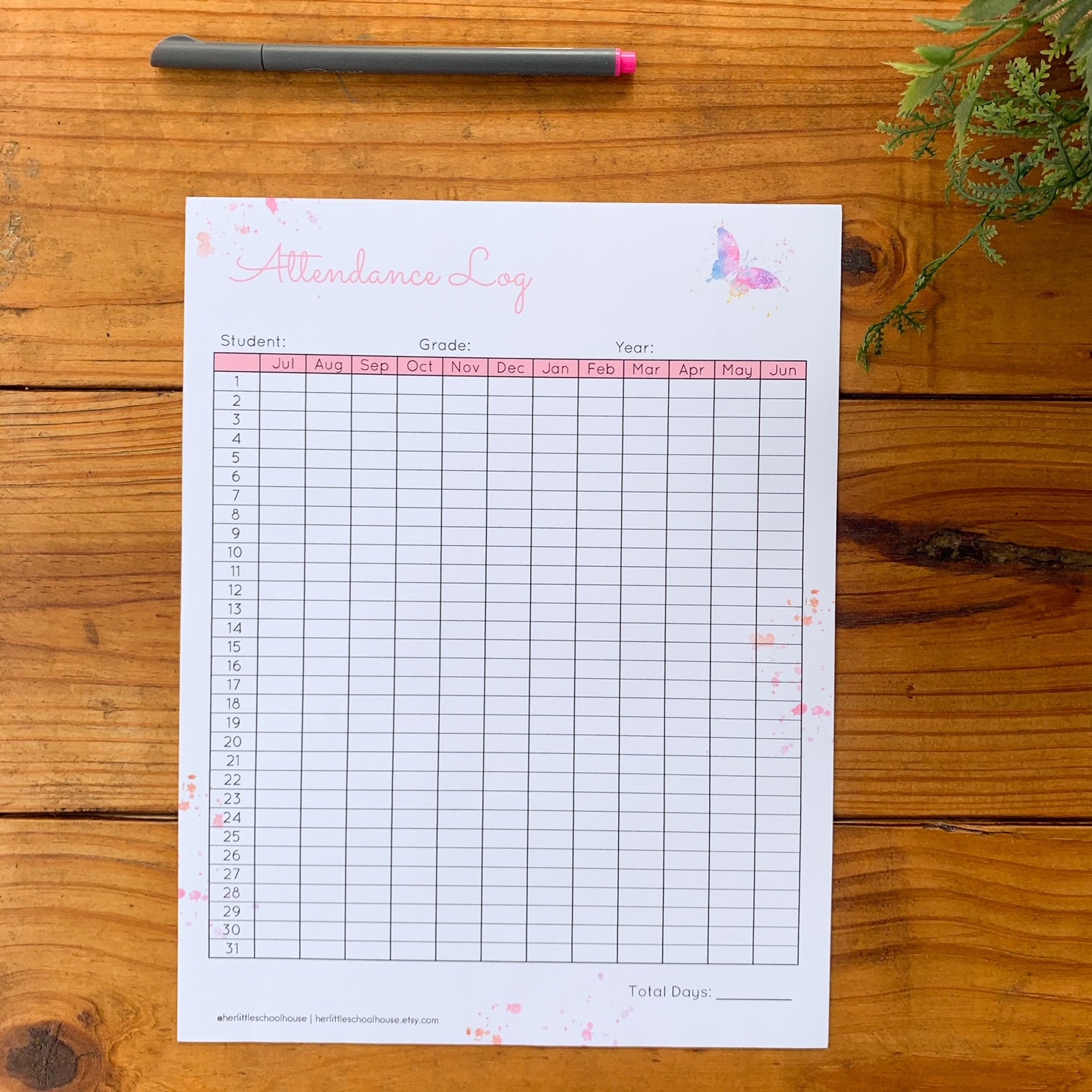 Butterfly Themed Attendance Log Homeschool Portfolio Planning Instant ...