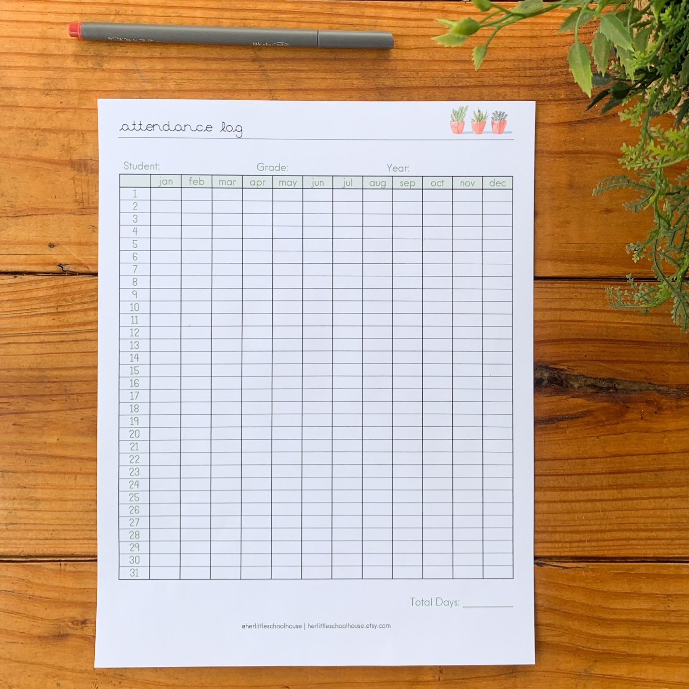 Succulents Plants Themed Attendance Log Homeschool Portfolio - Etsy