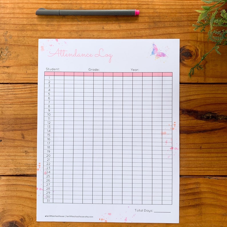 Butterfly Themed Attendance Log Homeschool Portfolio Planning Instant ...