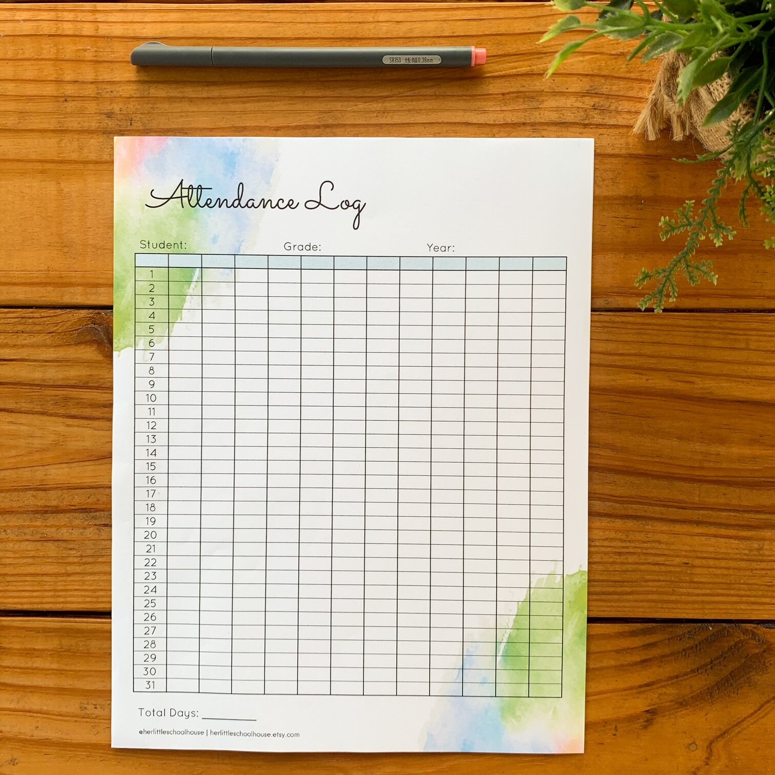 Green Watercolor Attendance Log Homeschool Portfolio Planning Instant ...