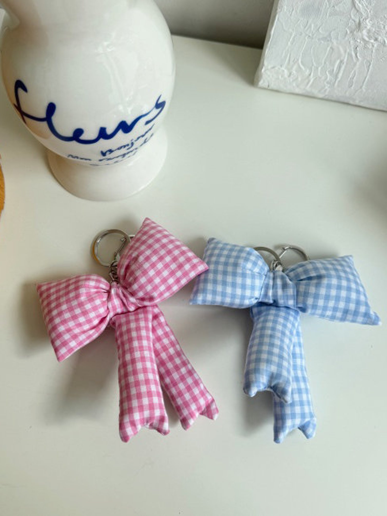 Winifred Keychain | Plaid Pattern Padded Ribbon Charm on Keyring ...