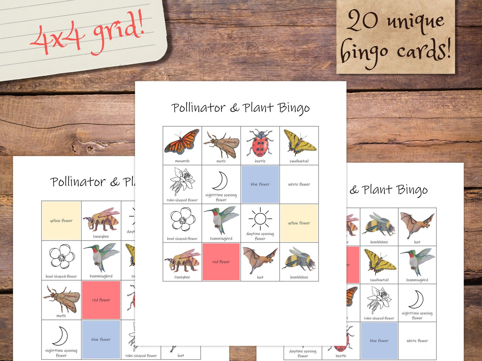 Pollinator and Plant Bingo: Set of 20 Unique Bingo Cards With Calling ...