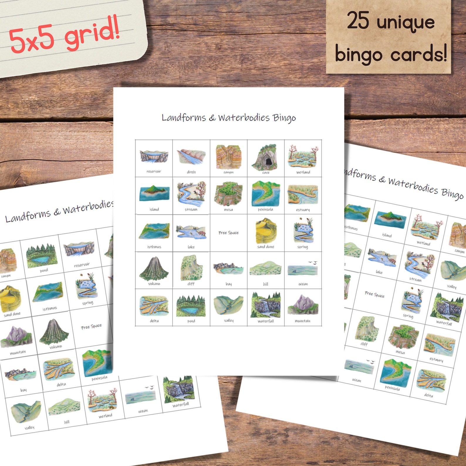 Landforms Bingo Set: 25 Unique Bingo Cards Review Game for Studying ...