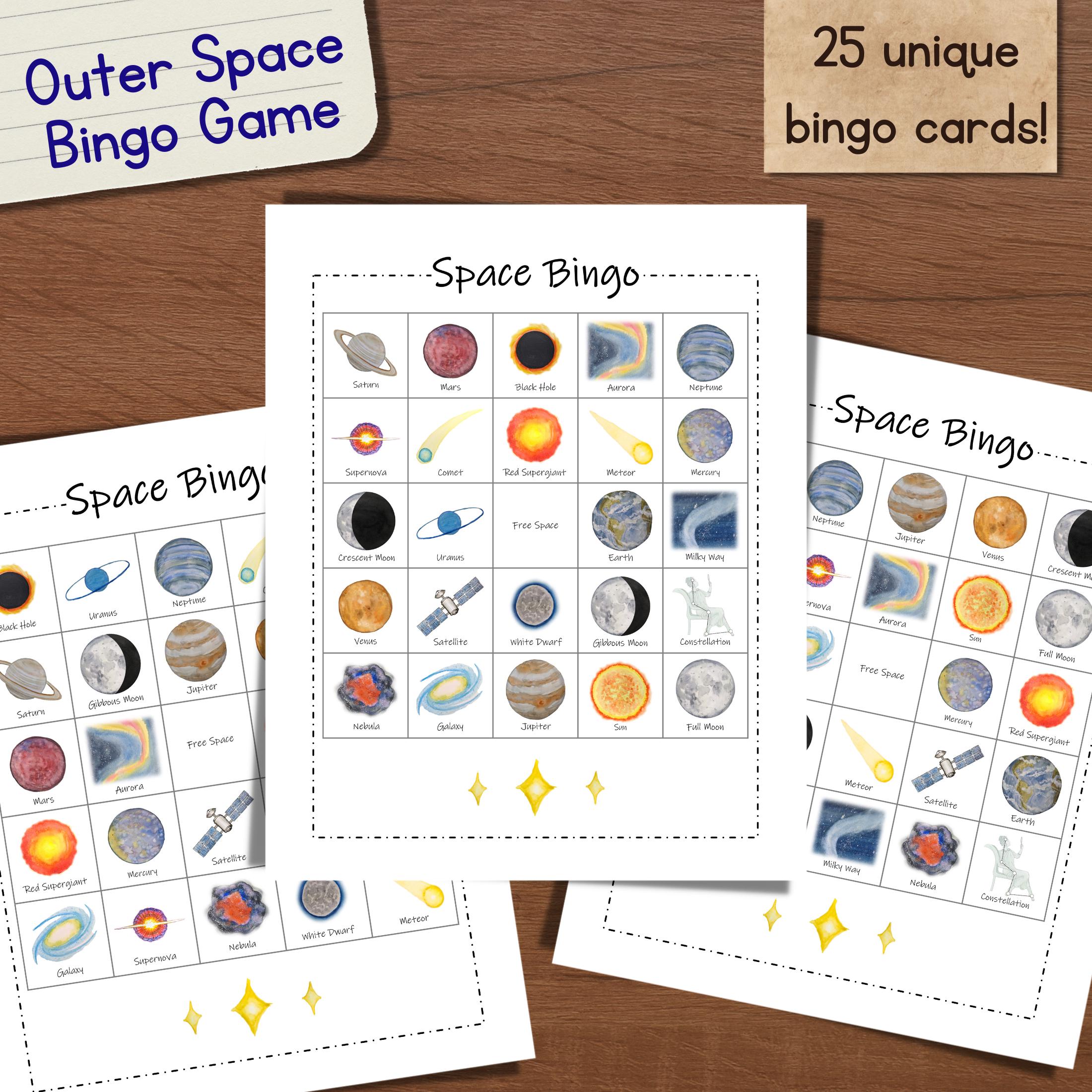 Space Bingo Set: 25 Printable Cards, Space Birthday Party Game (PDF) - Etsy
