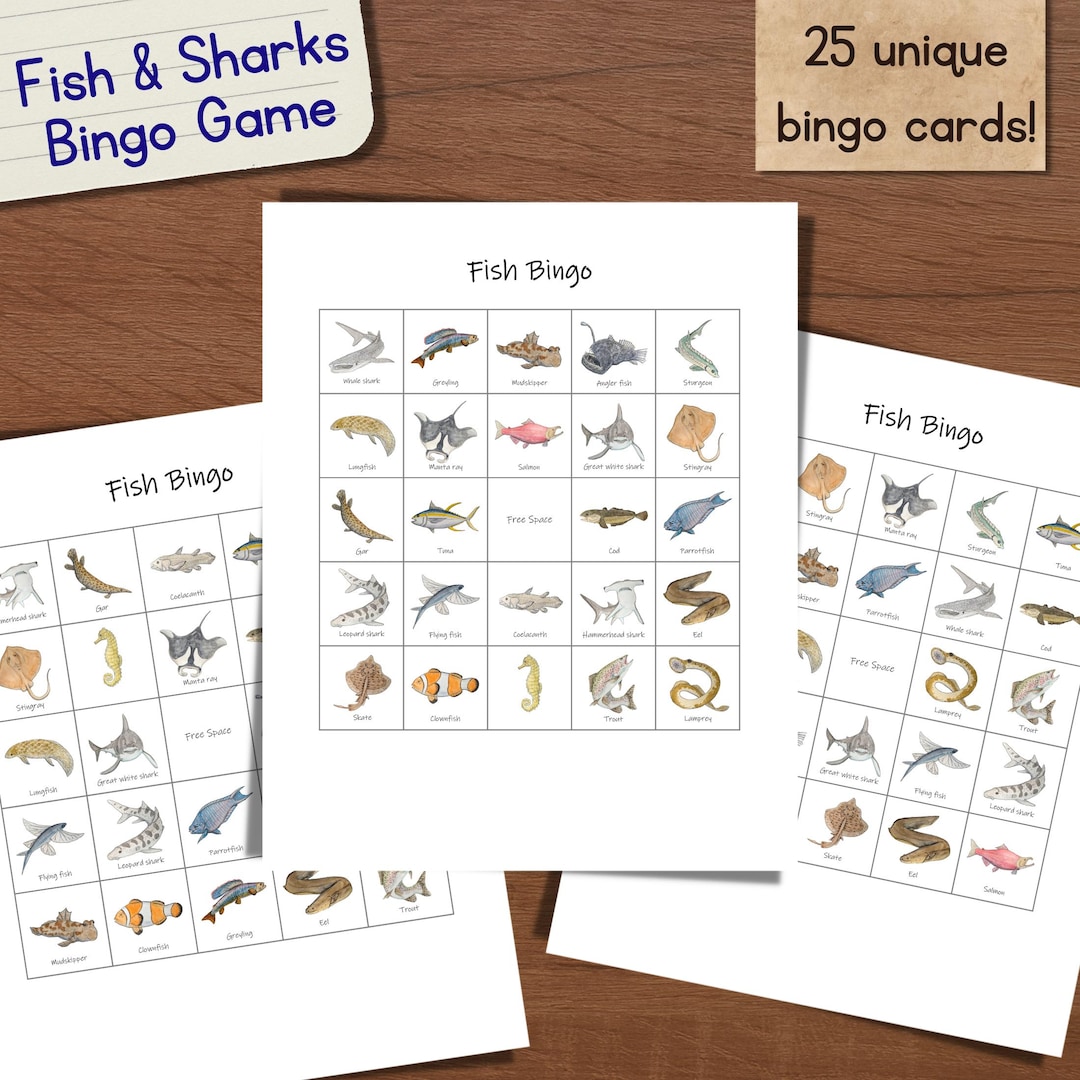 Fish & Shark Bingo Game: 25 Unique Cards With Watercolor Images (PDF ...