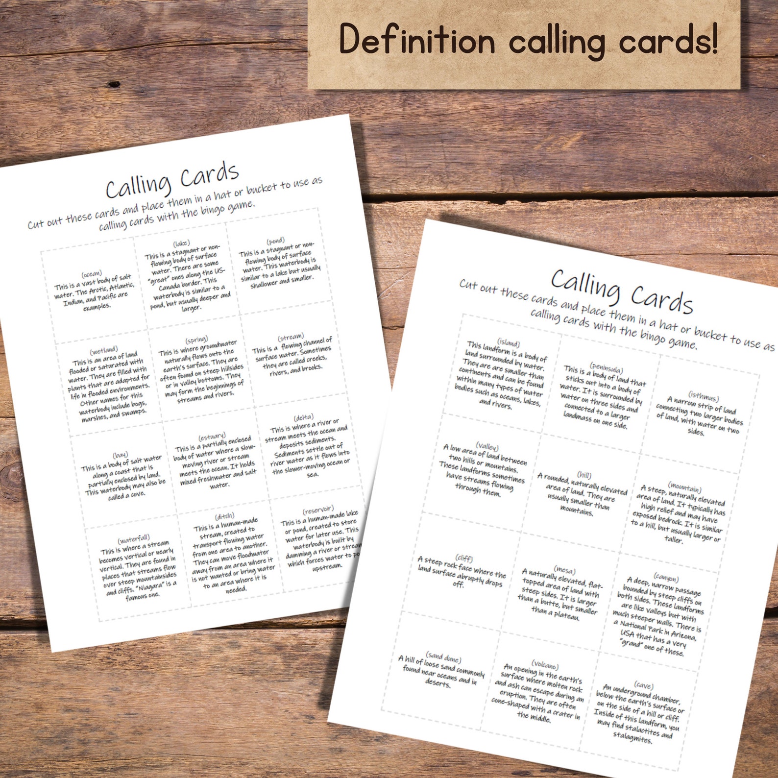 Landforms Bingo Set: 25 Unique Bingo Cards Review Game for Studying ...