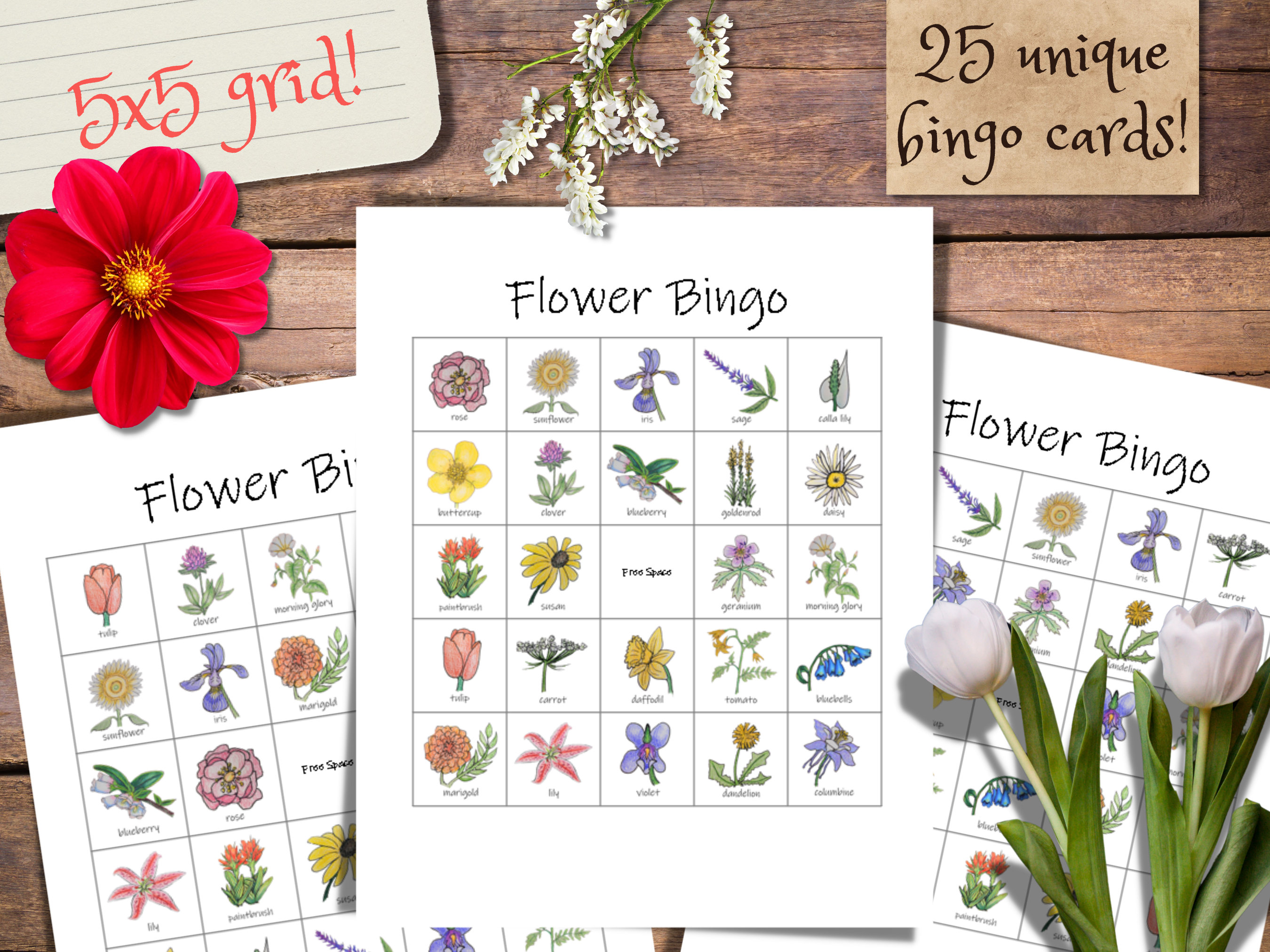 Flower Bingo Set: 25 Unique Bingo Cards With Calling Cards - Etsy