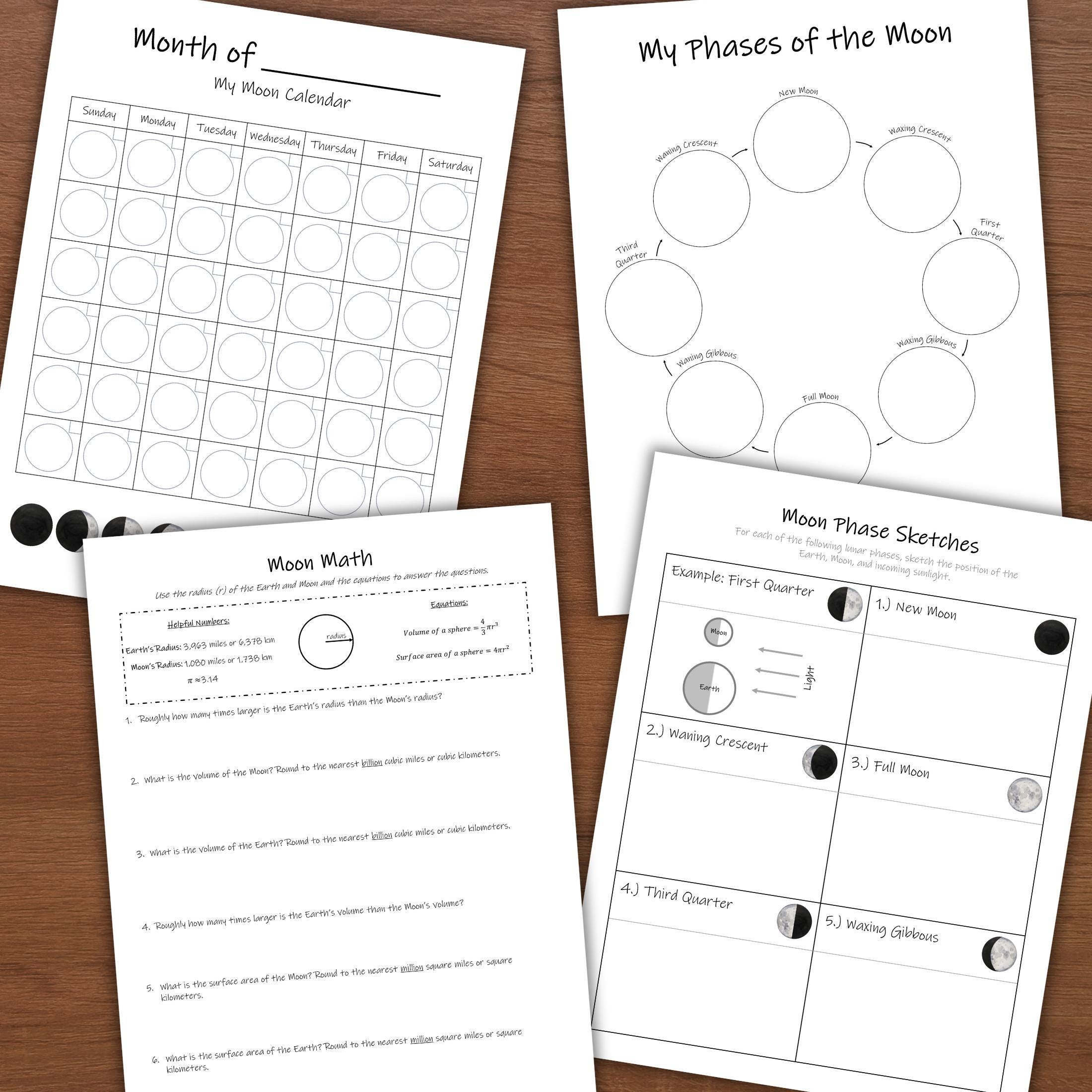 Moon Phases Study: Astronomy Worksheets & Flashcards (PDF Download) - Etsy