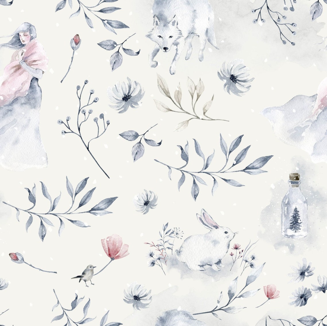 WINTER FAIRYTALE Fabric by Half Yard Childrens Fabric Light Shades ...