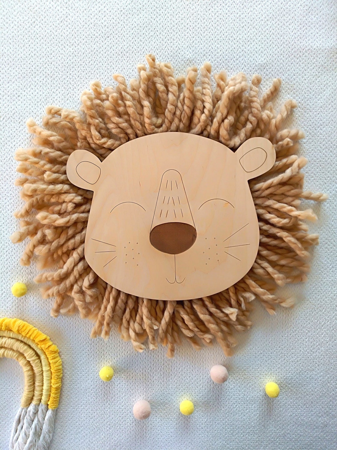 Lion Face Wooden Wall Hanging Lion Head Trophy Animal Nursery Boy Straw ...