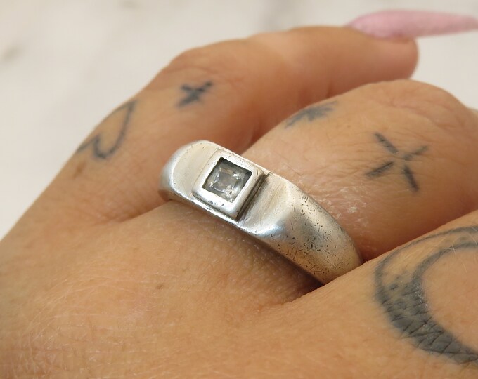 Vintage Sterling Silver Square Cut Solitaire Stone Ring - Etsy