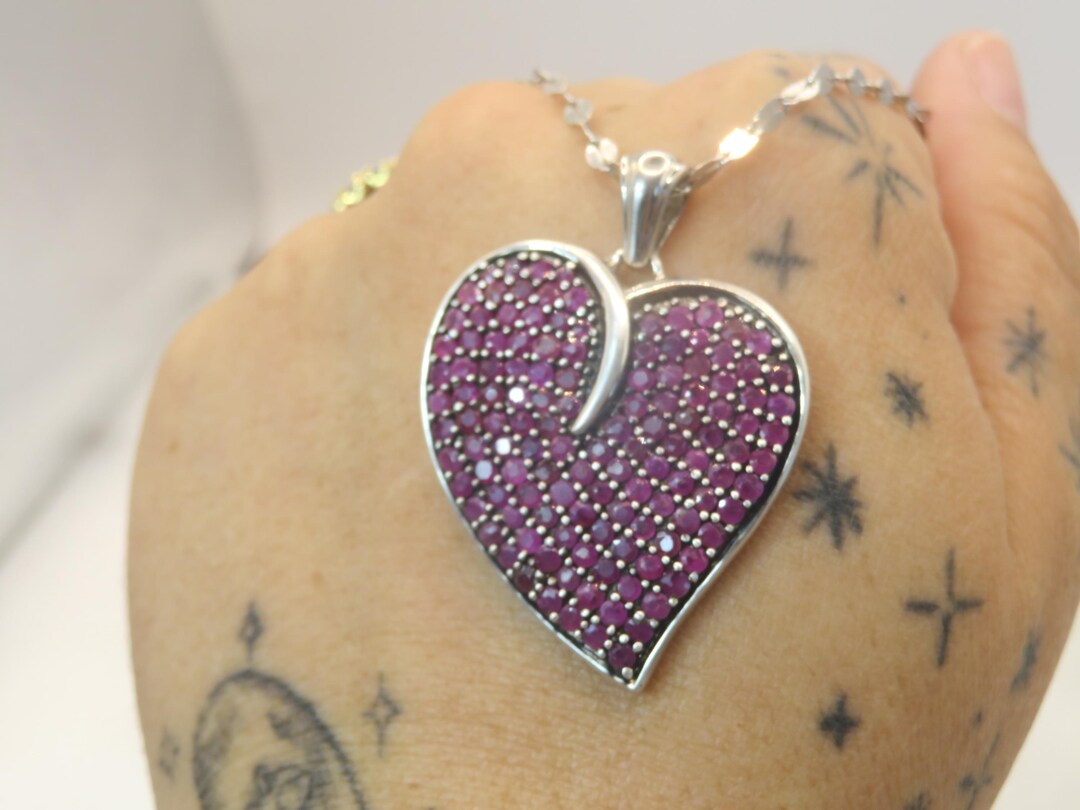 Vintage Sterling Silver Ruby Encrusted Heart Necklace - Etsy