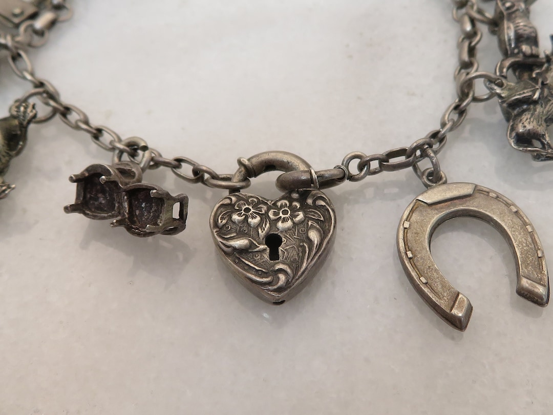 Vintage Sterling Silver Heart Lock and Many Charms - Etsy
