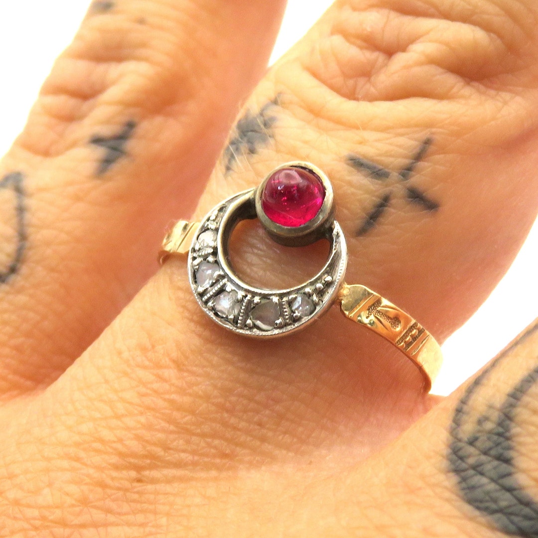 Victorian 14k Multi Colored Gold Rose Cut Diamond Cabochon Ruby Moon Ring - Etsy