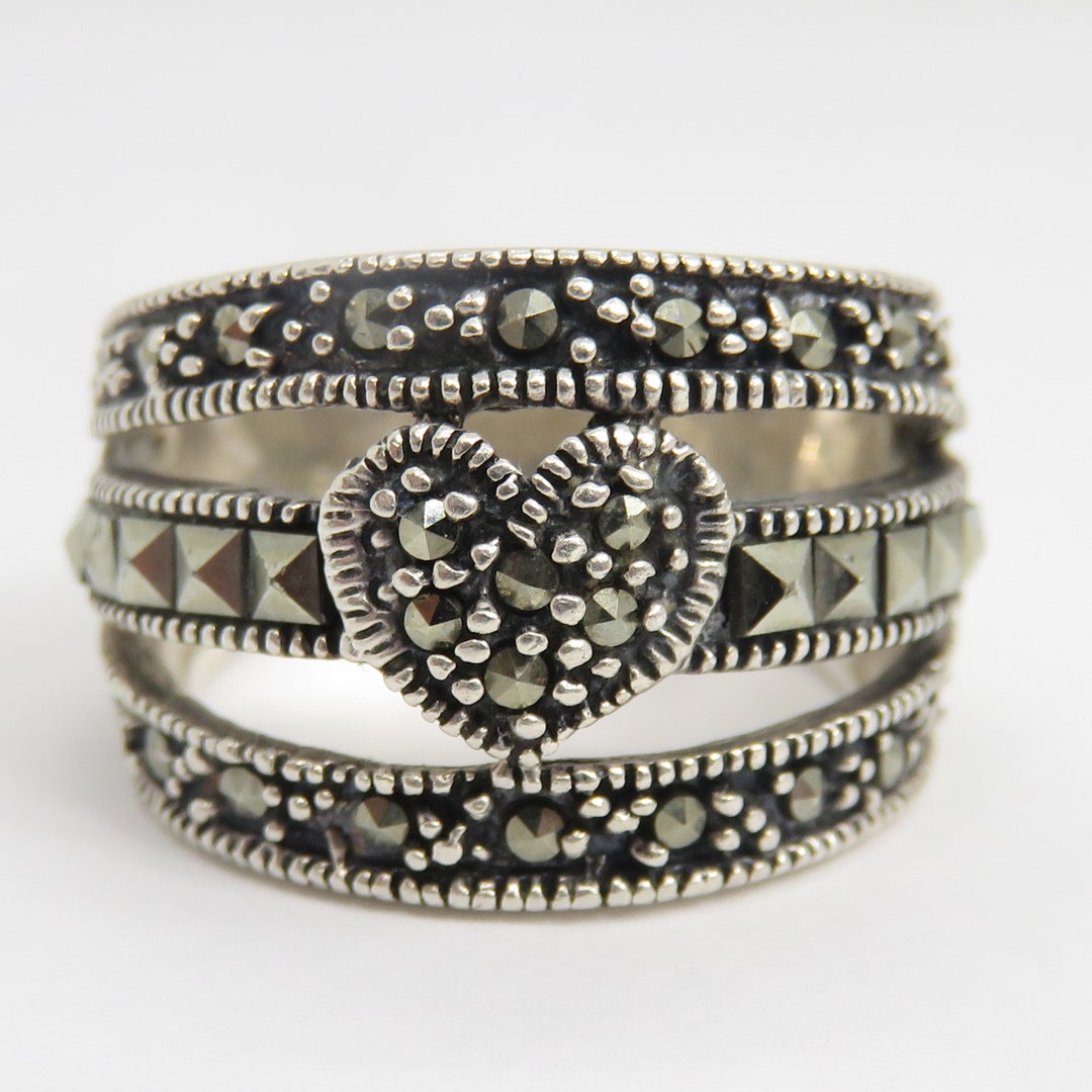 Vintage Sterling Silver Marcasite Heart Band - Etsy
