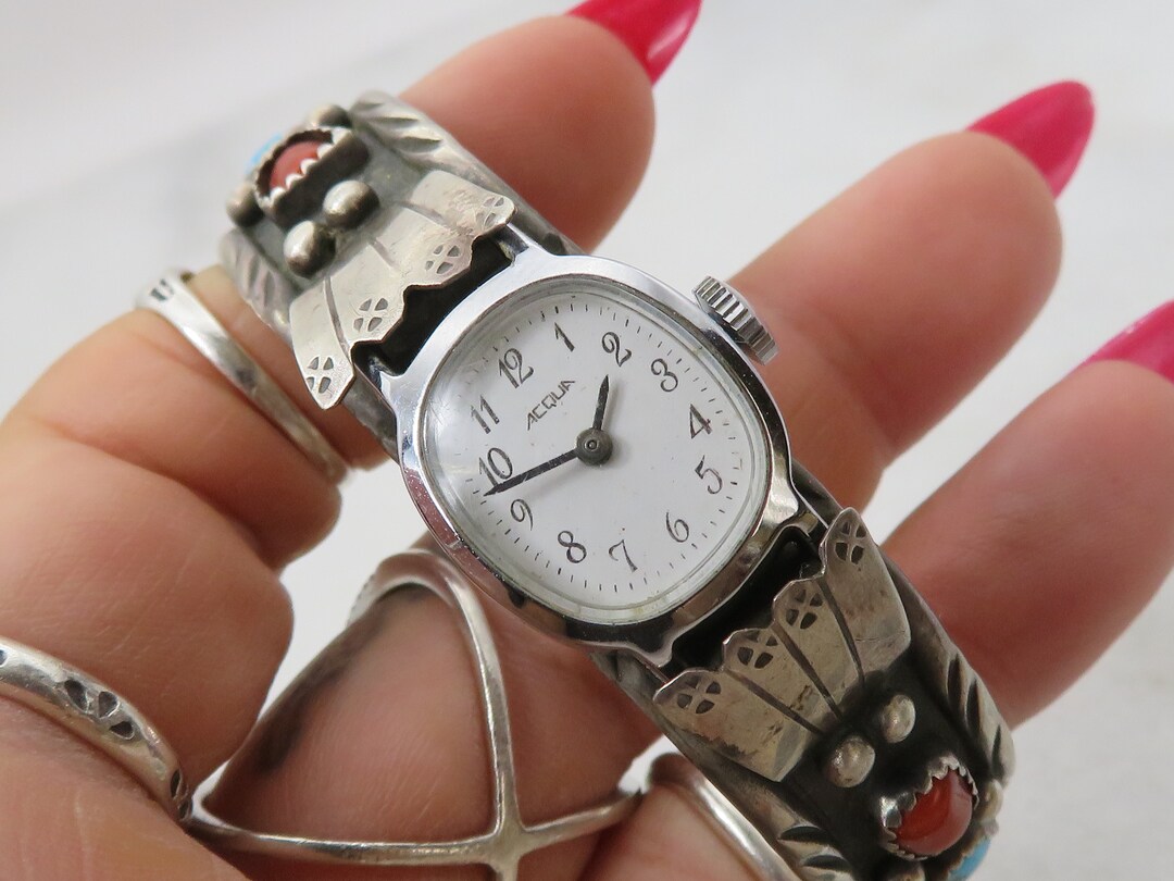 Vintage Sterling Silver Native American Turquoise Coral Watch Cuff - Etsy