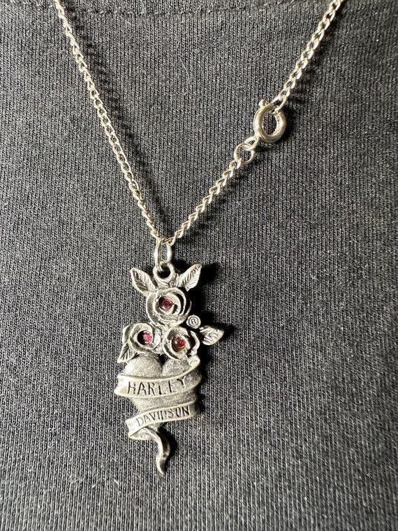 Silver Tone Necklace with Pewter Harley Davidson Heart and Roses and Red Rhinestone Pendant