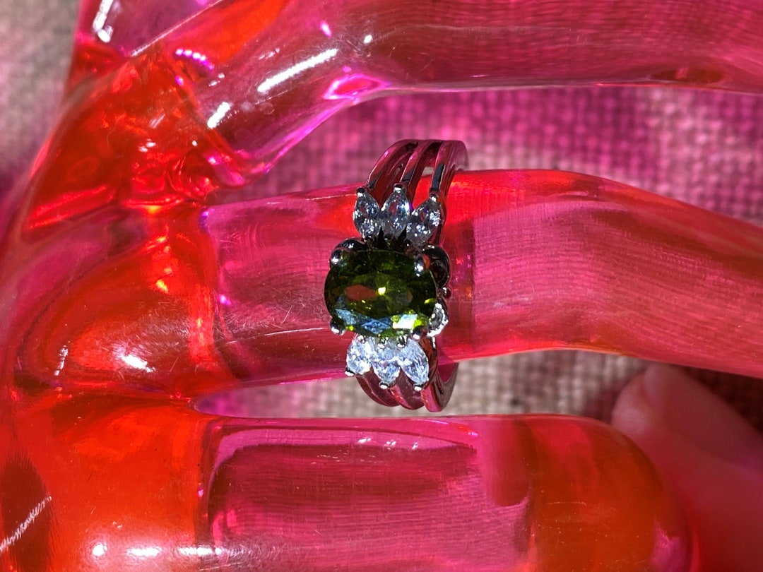 Silver Tone Green Crystal Ring With Clear Crystal Side Stones Ring - Etsy