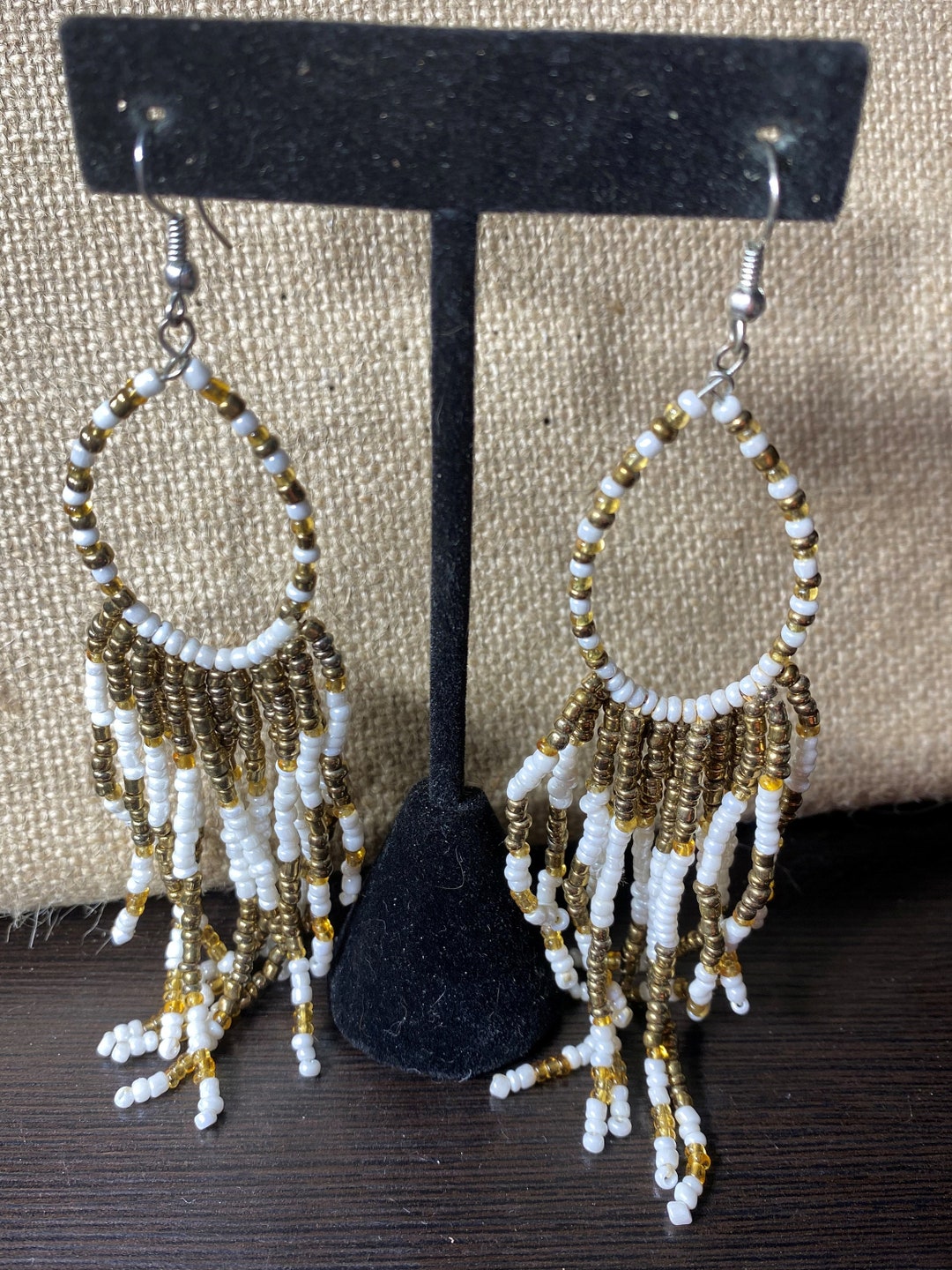 Gold and White Long Seed Bead Dangle Earrings - Etsy