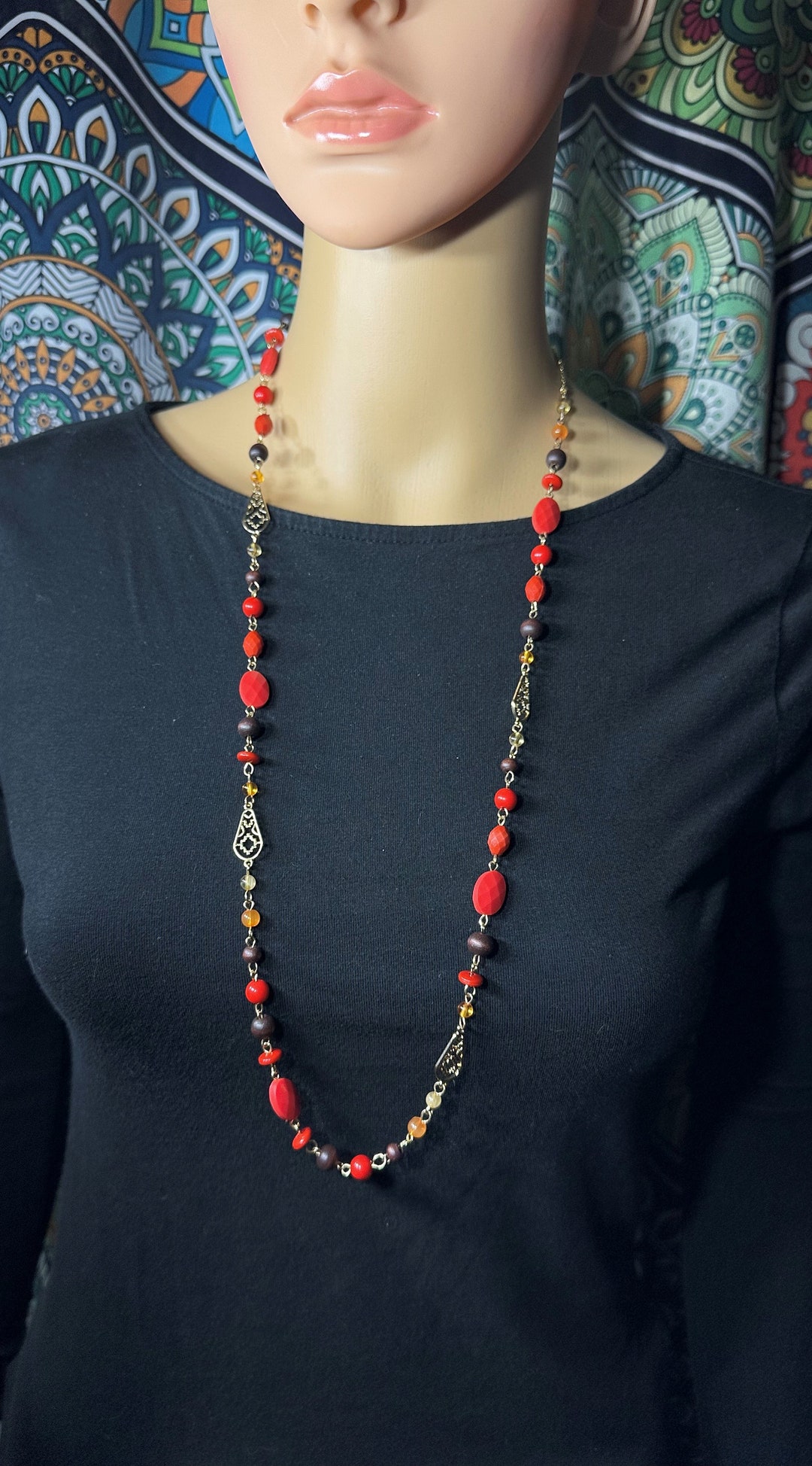 CHAPS Gold Tone Red, Yellow and Brown Bead Long Necklace - Etsy