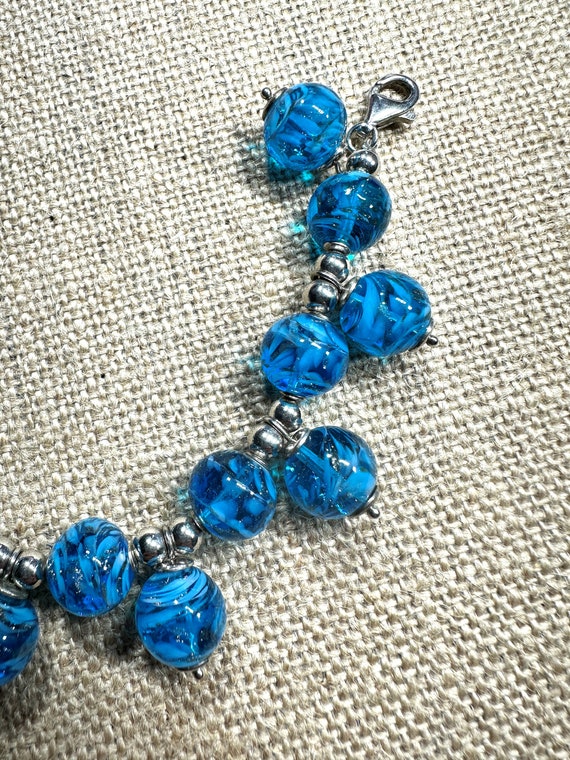 Sterling Silver Blue Glitter Swirl Glass Ball Bracelet - Gem