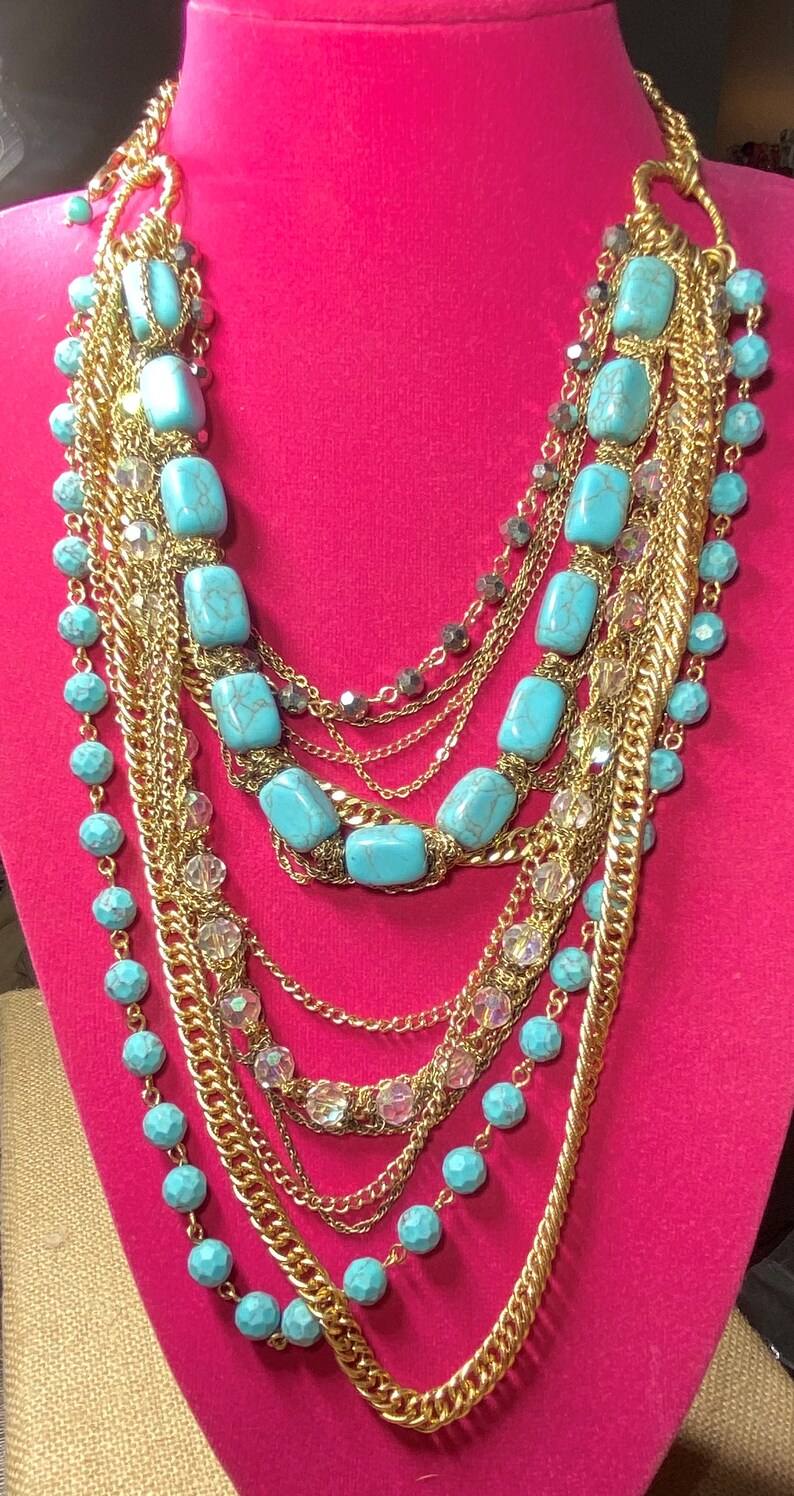 Sequin NYC Gold Tone Turquoise and Crystal Beaded Multistrand Necklace ...