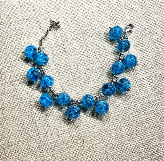 Sterling Silver Blue Glitter Swirl Glass Ball Bracelet - Gem