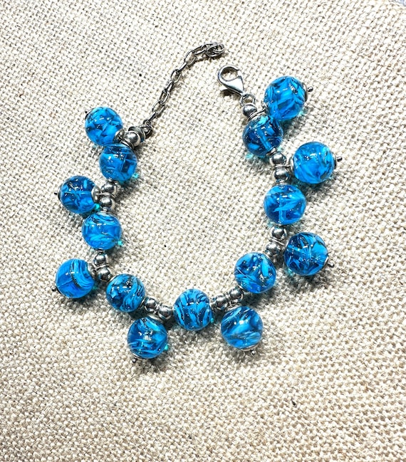 Sterling Silver Blue Glitter Swirl Glass Ball Bracelet - Gem
