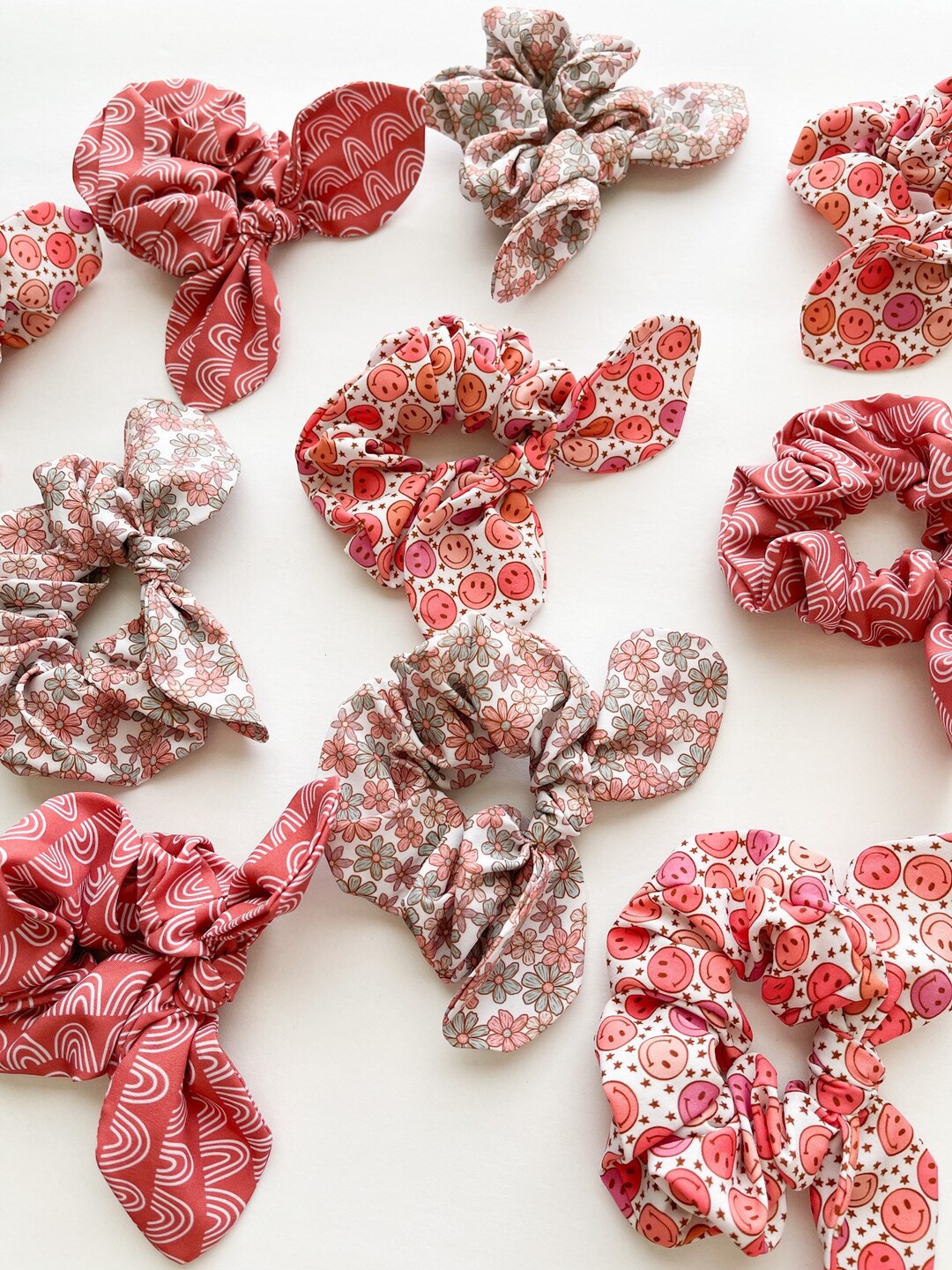 Boho Rainbow, Retro Floral and Smiley Faces Bunny Ear Scrunchies, Retro ...