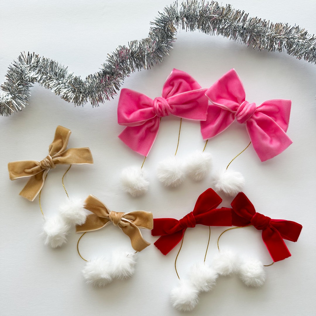Pom Pom Santa Hair Bows on Clip, Velvet Christmas Bows, Pictures With ...