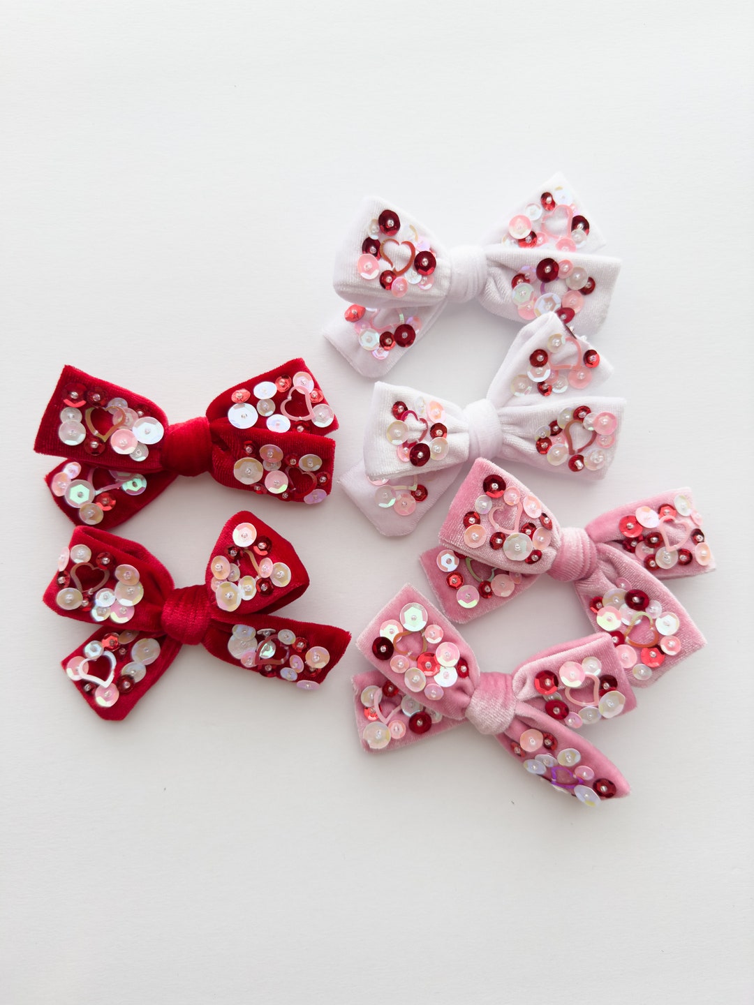 Valentine’s Day Sequins Velvet Bows, Pink, Red, and White, Embellished ...