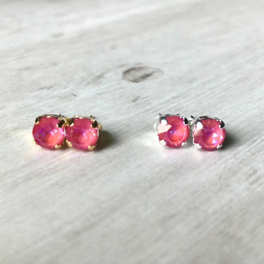 Pink Crystal Stud Earrings, Stainless Steel, Birthday Gift - Etsy