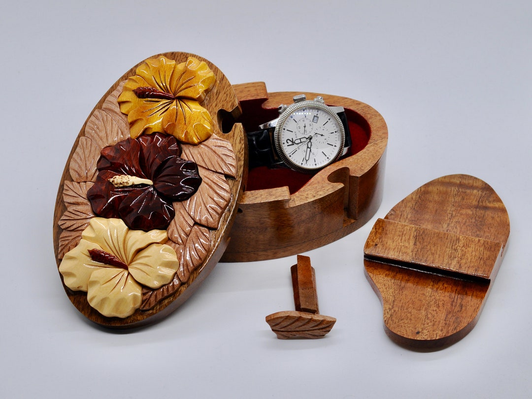 Handmade Wooden Puzzle Box With Hibiscus Flower Design With Glossy ...