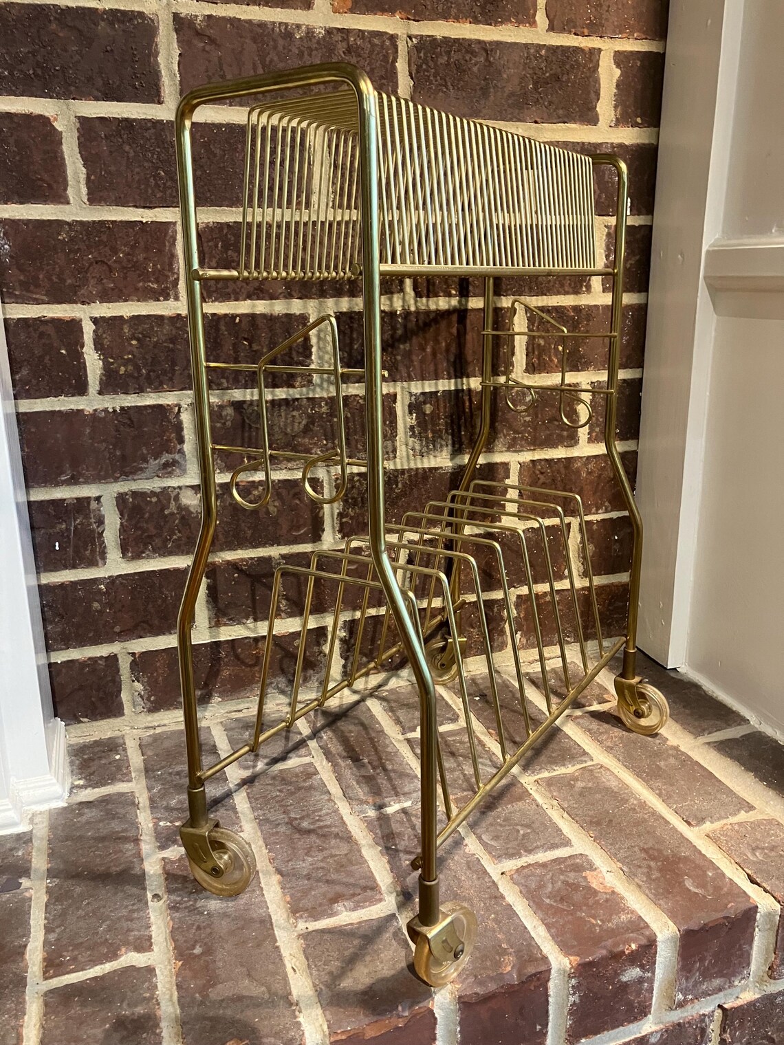 Mid Century Modern Record Stand With Note Design Rolling Gold Tone ...