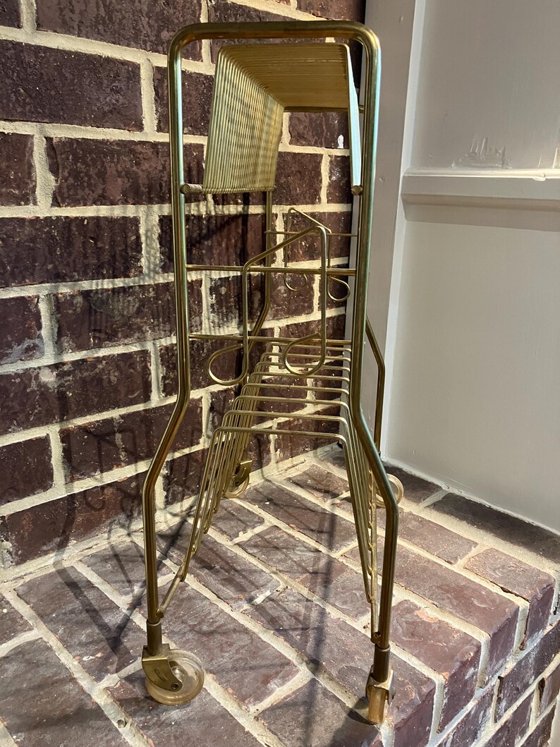 Mid Century Modern Record Stand With Note Design Rolling Gold Tone ...