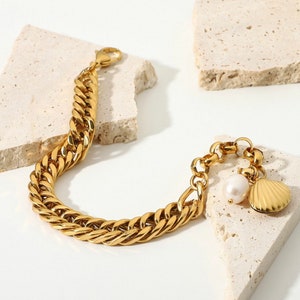 Chunky Cuban Chain Bracelet Freshwater Pearl With Shell - Etsy UK