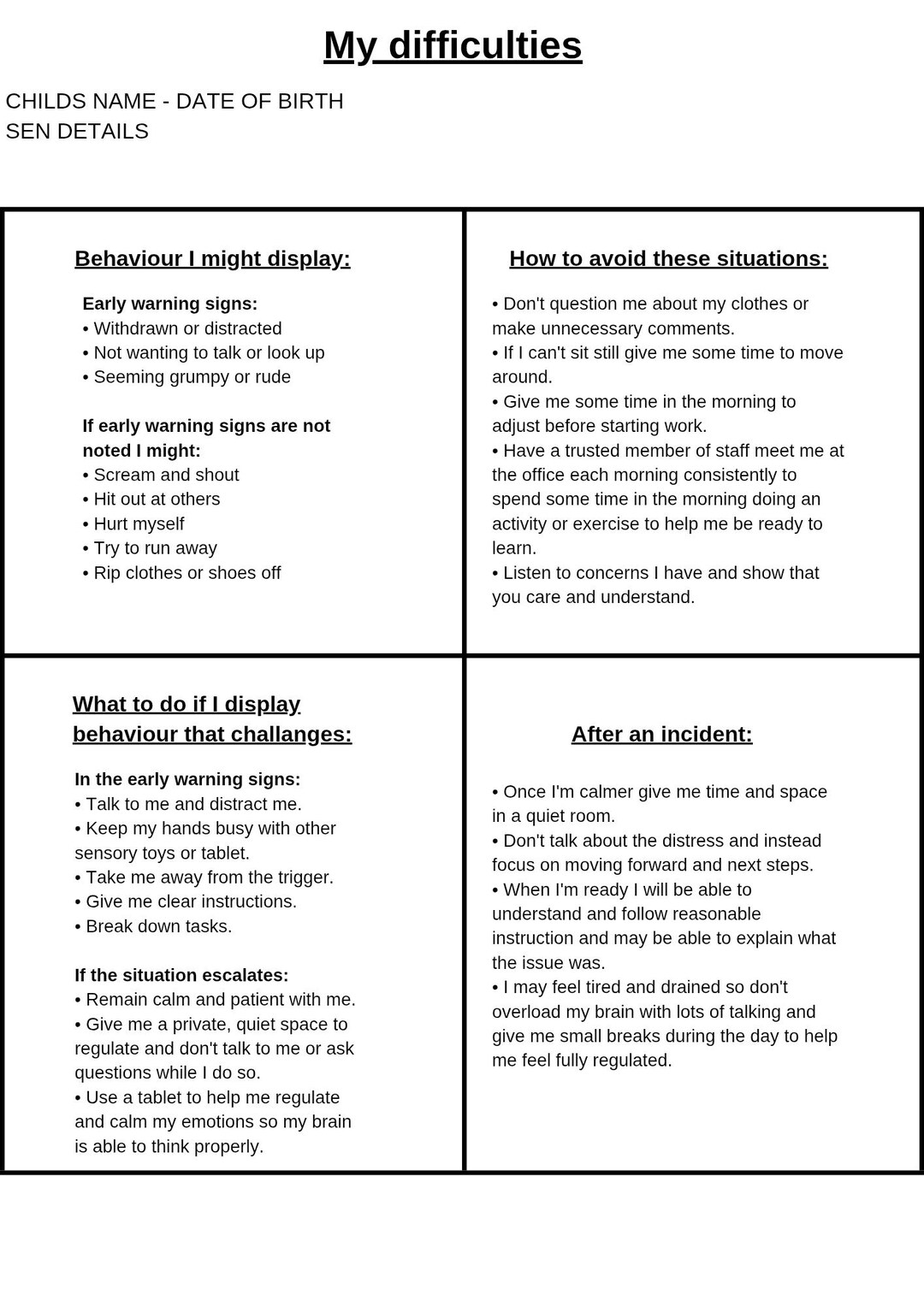 Customisable Behaviour Support Plan | SEN Child Profile | Printable ...