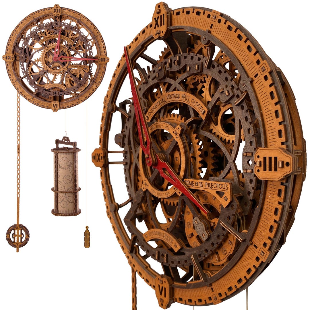 WOODEN.CITY 3D Wooden Puzzle – Industrial Vintage Wall Clock | DIY Wall ...