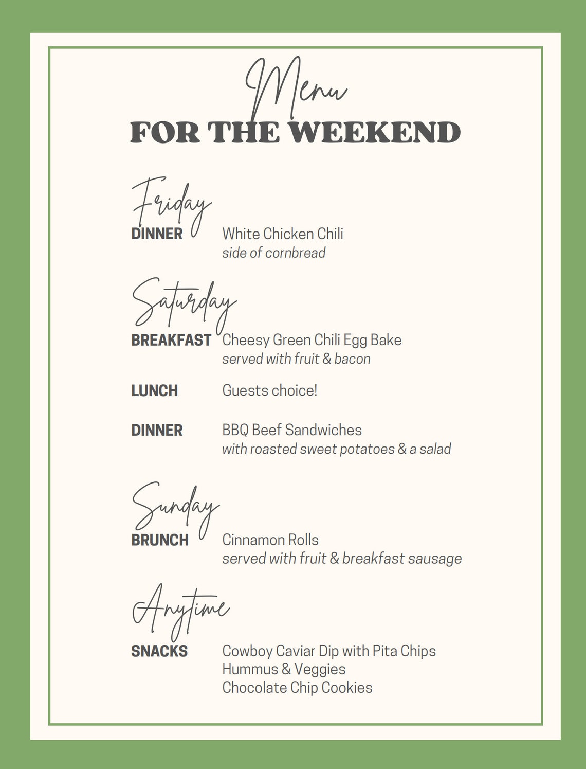 Guests for the Weekend Meal Planner - Menu, Grocery List, Recipes, and ...