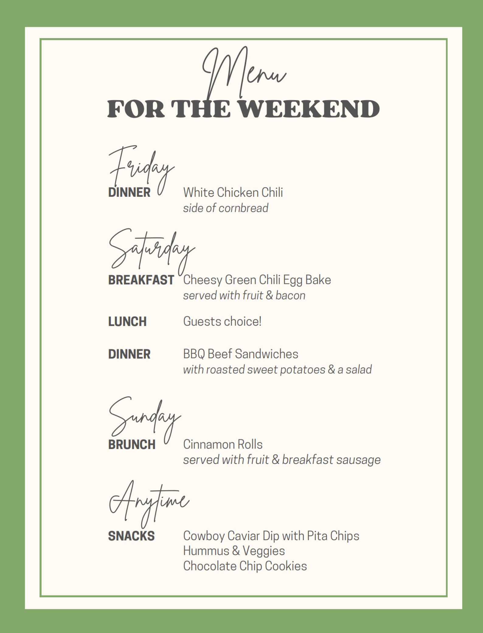 Guests for the Weekend Meal Planner - Menu, Grocery List, Recipes, and ...