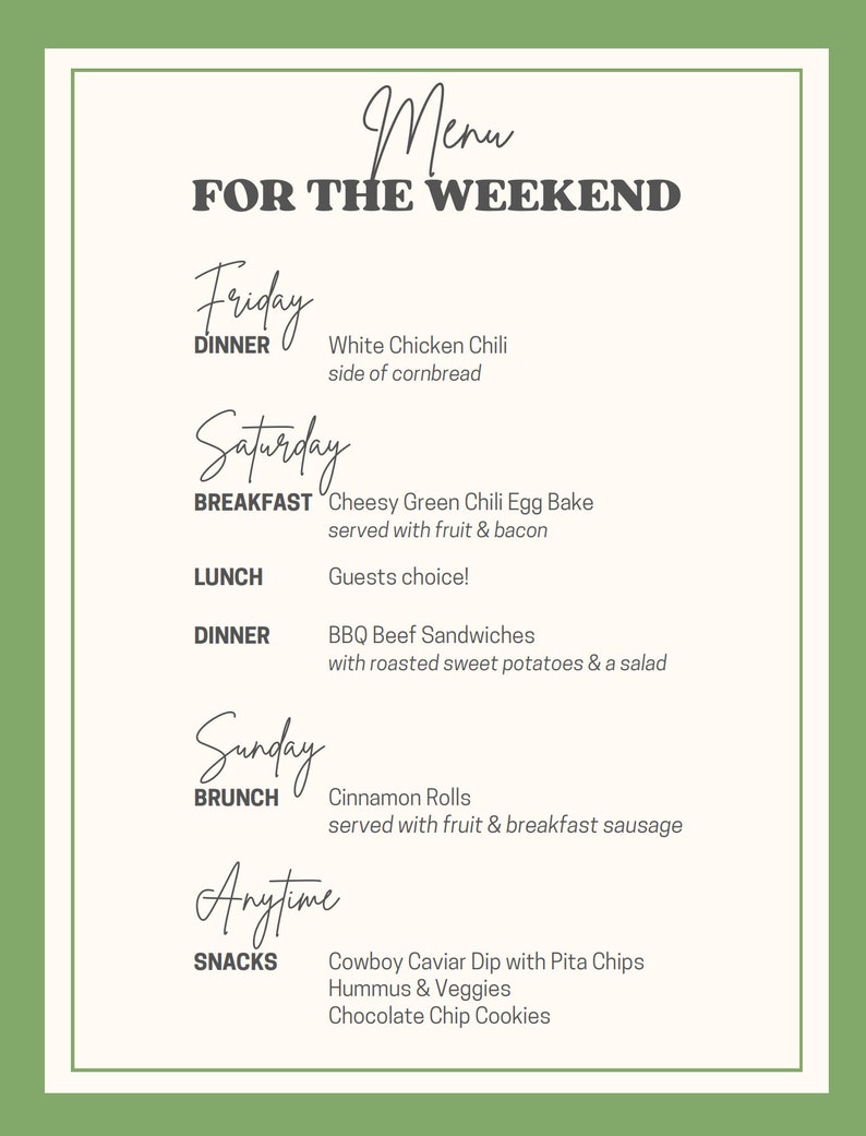 Guests for the Weekend Meal Planner - Menu, Grocery List, Recipes, and ...