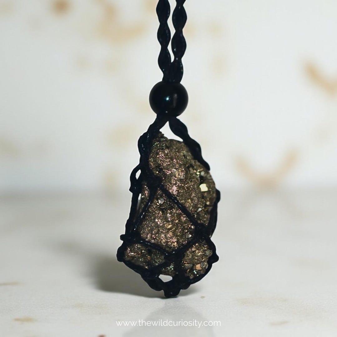 Pyrite Crystal Macrame Pendant | Black Woven Rope | Fool’s Gold ...