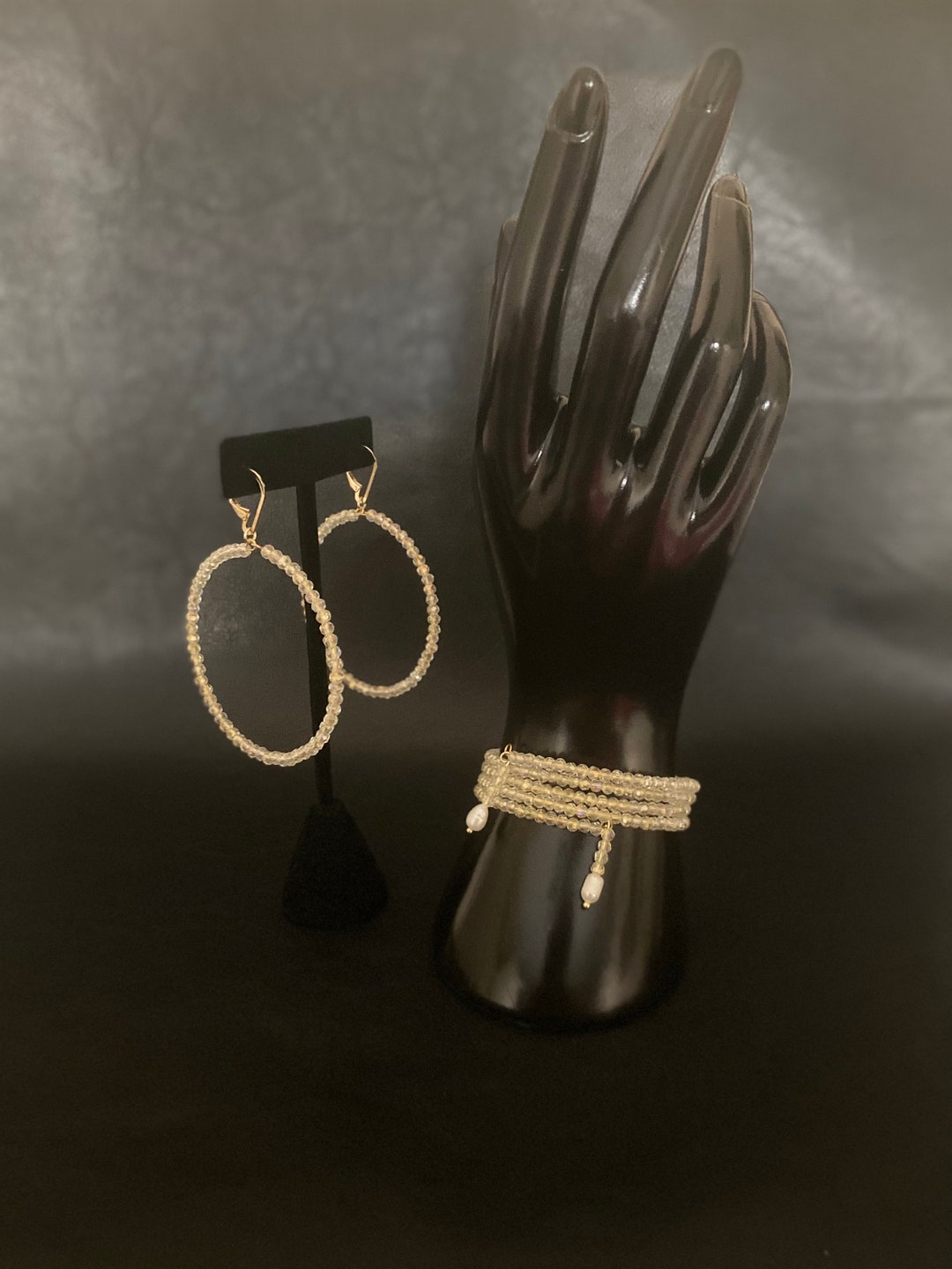Ivory Crystals Gold Wire Wrap Bracelet & Hoop Earrings - Etsy