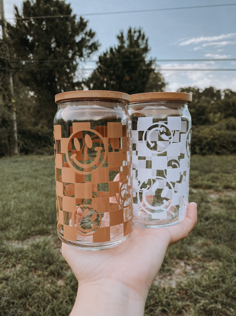 Checkered Smiley Face Can Glass Beer Can Glass Libbey Can | Etsy